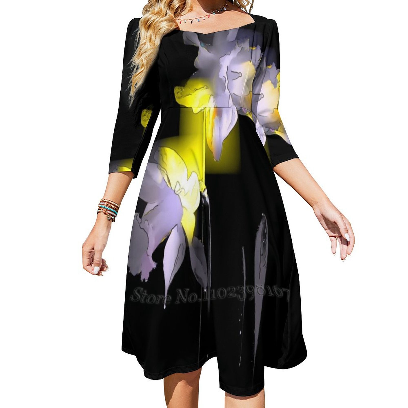 Cubist Daffodils Square Neck Dress Sweet Summer Dress Women Elegant ...