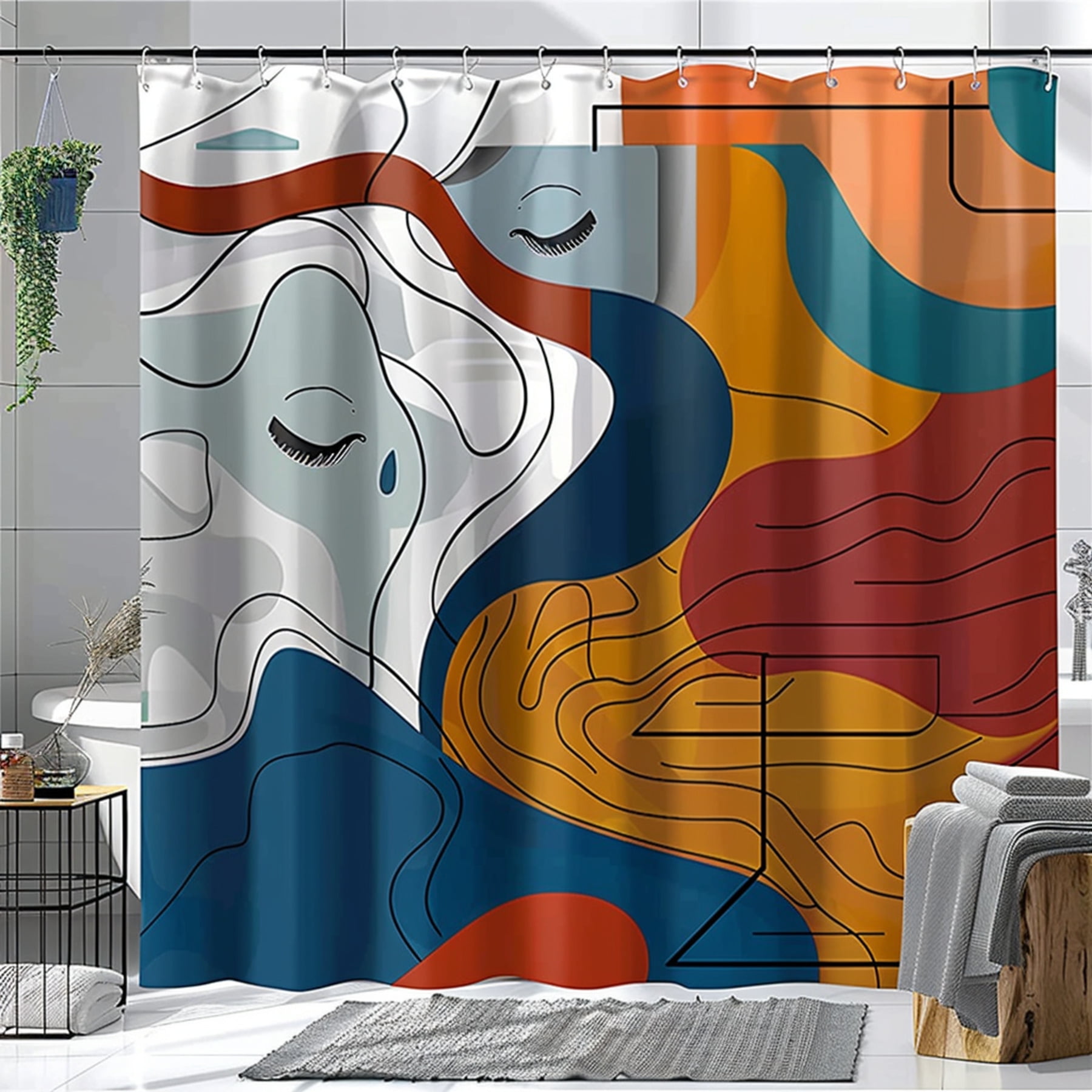 Cubist Waves Abstract Bathroom Curtain Modern Art Design in Orange Blue ...