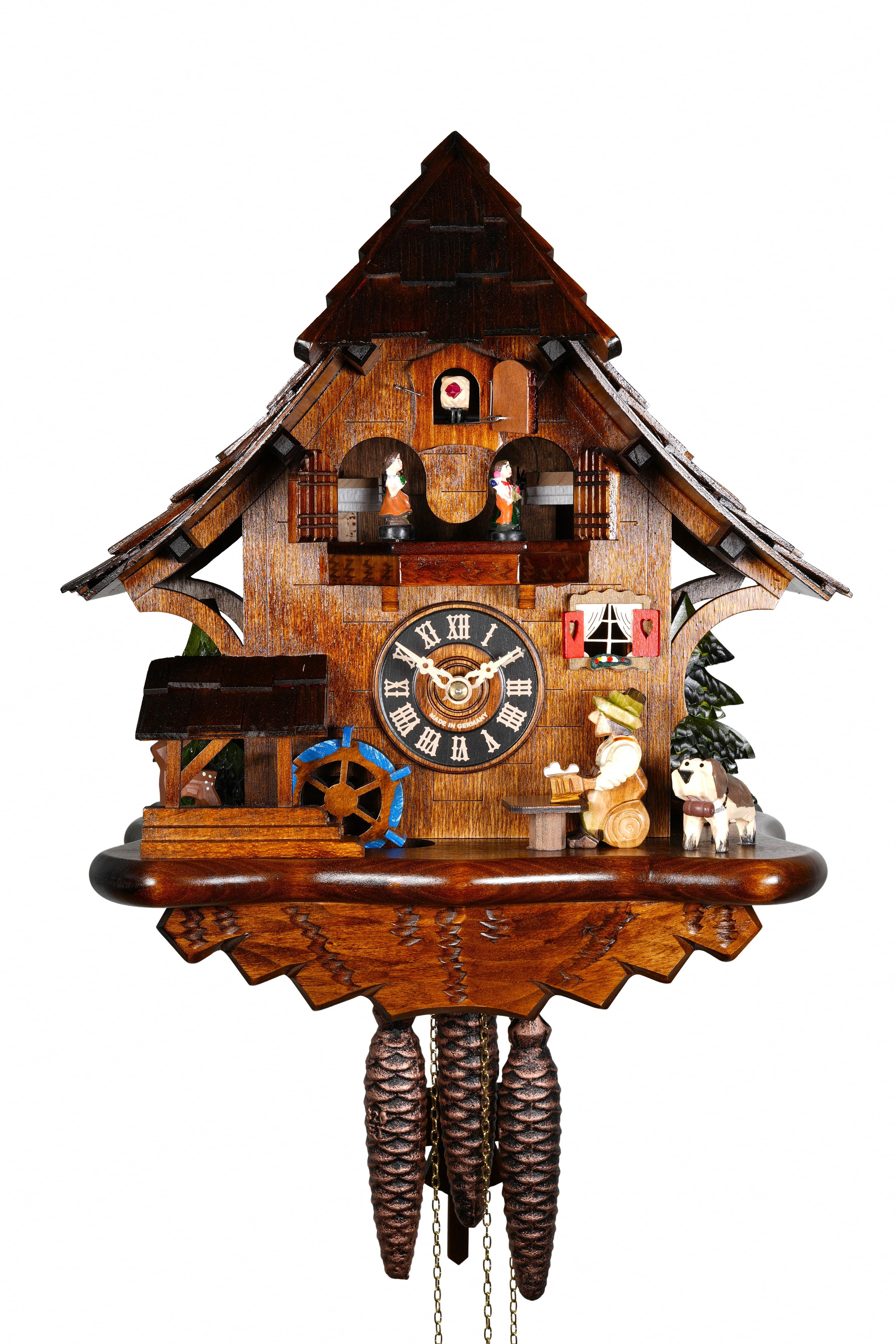 Cuckoo Clock Black Forest house with moving beer drinker and mill wheel ...