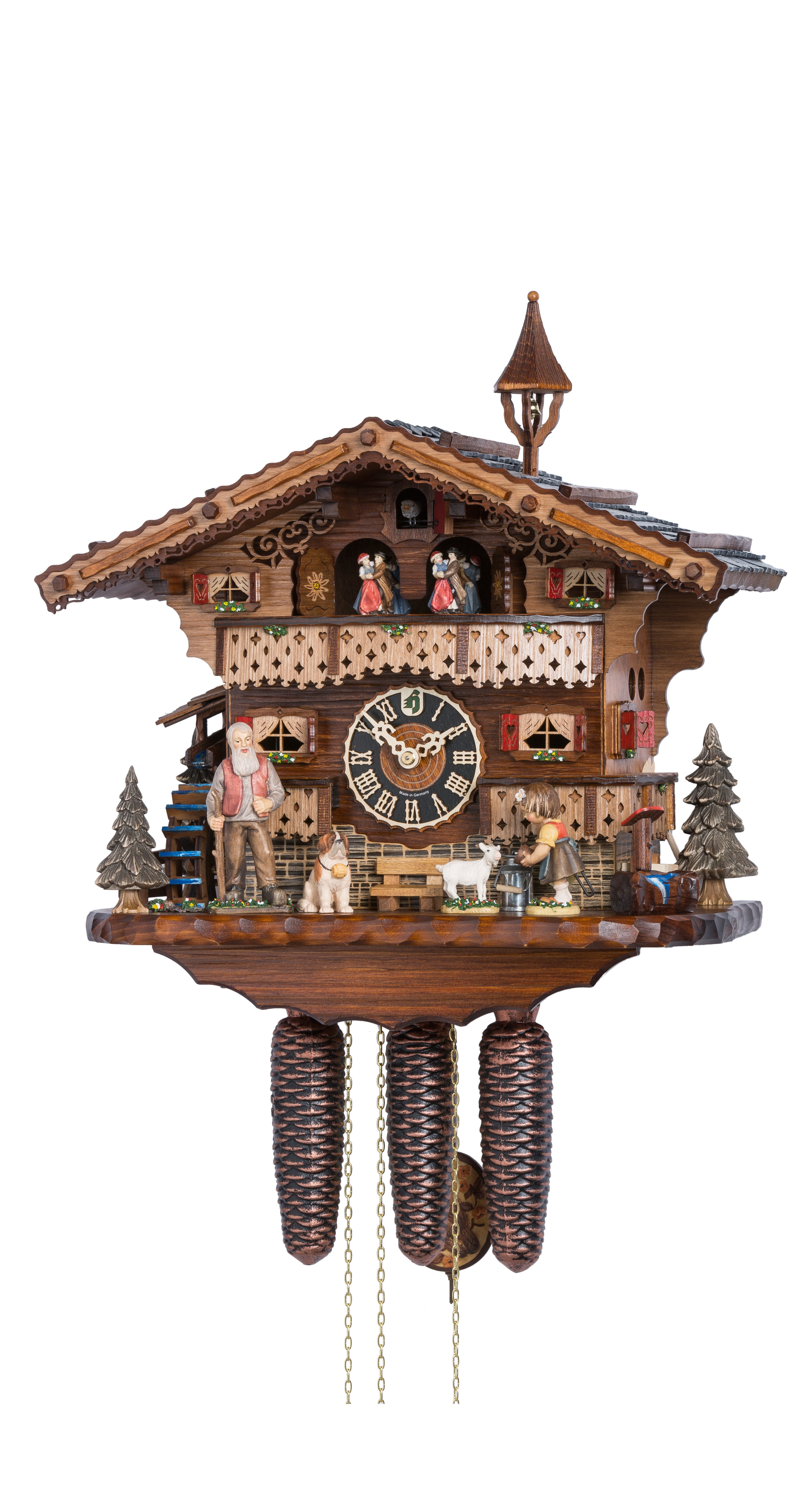 Authentic Black Forest Walnut Wood Cuckoo Clock with Turning Mill-Wheel ...