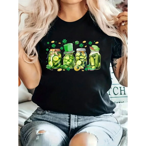 Cucumber Jar Four-Leaf Clove Print Round Neck Short Sleeve T-Shirt For ...