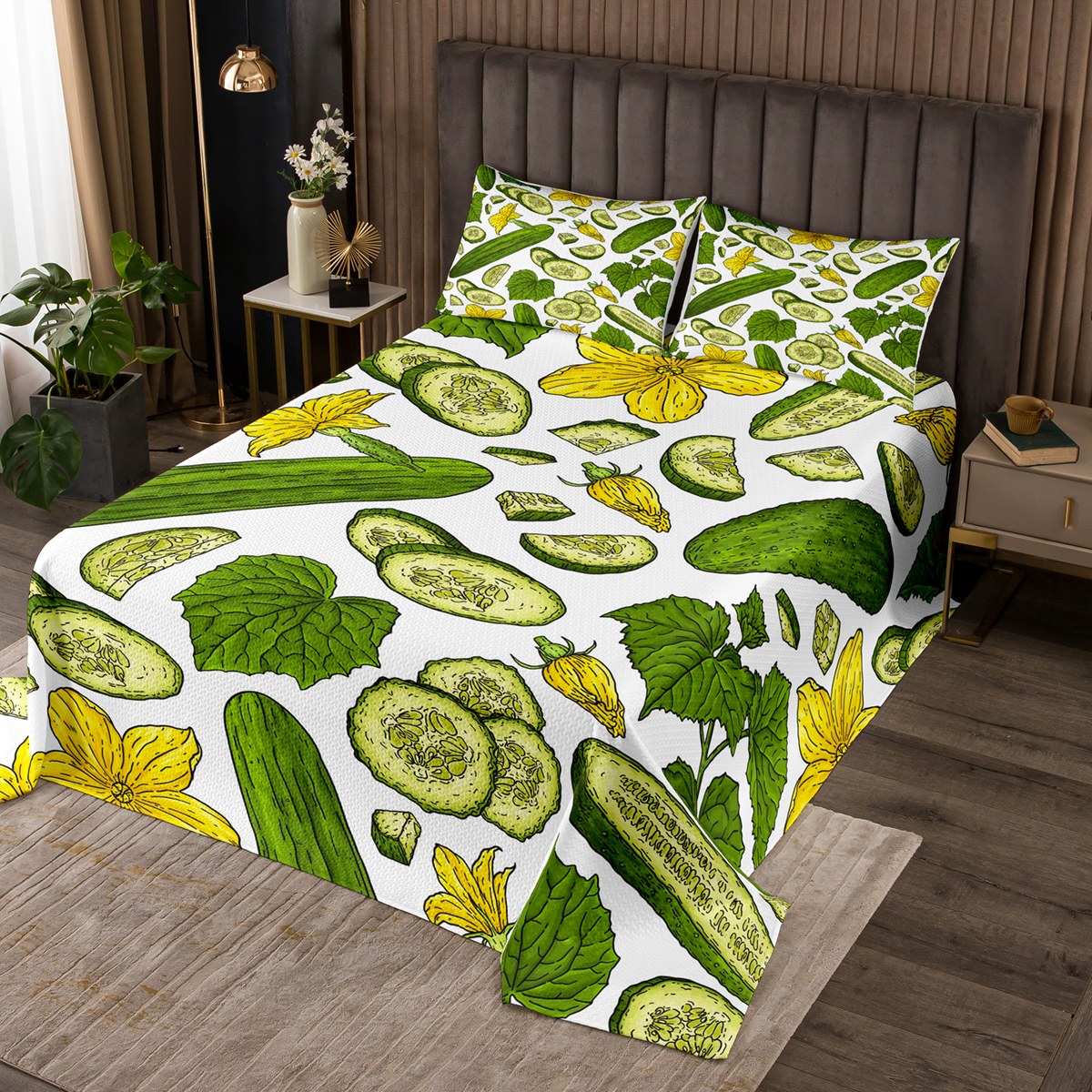 Cucumbers Pickles Queen Quilt Set Watercolor Vegetable Printed Coverlet ...