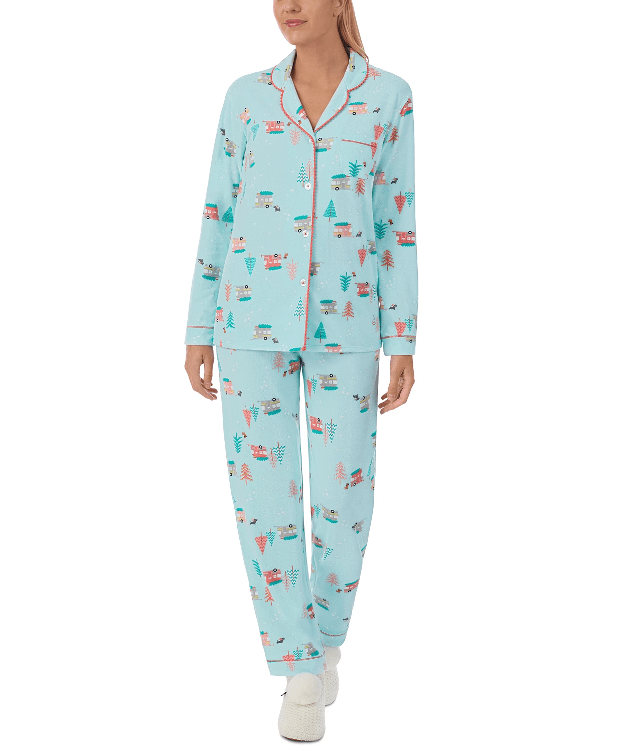 Cuddl Duds AQUA PRINT Women's Printed Notch-Collar Pajama Set, S ...