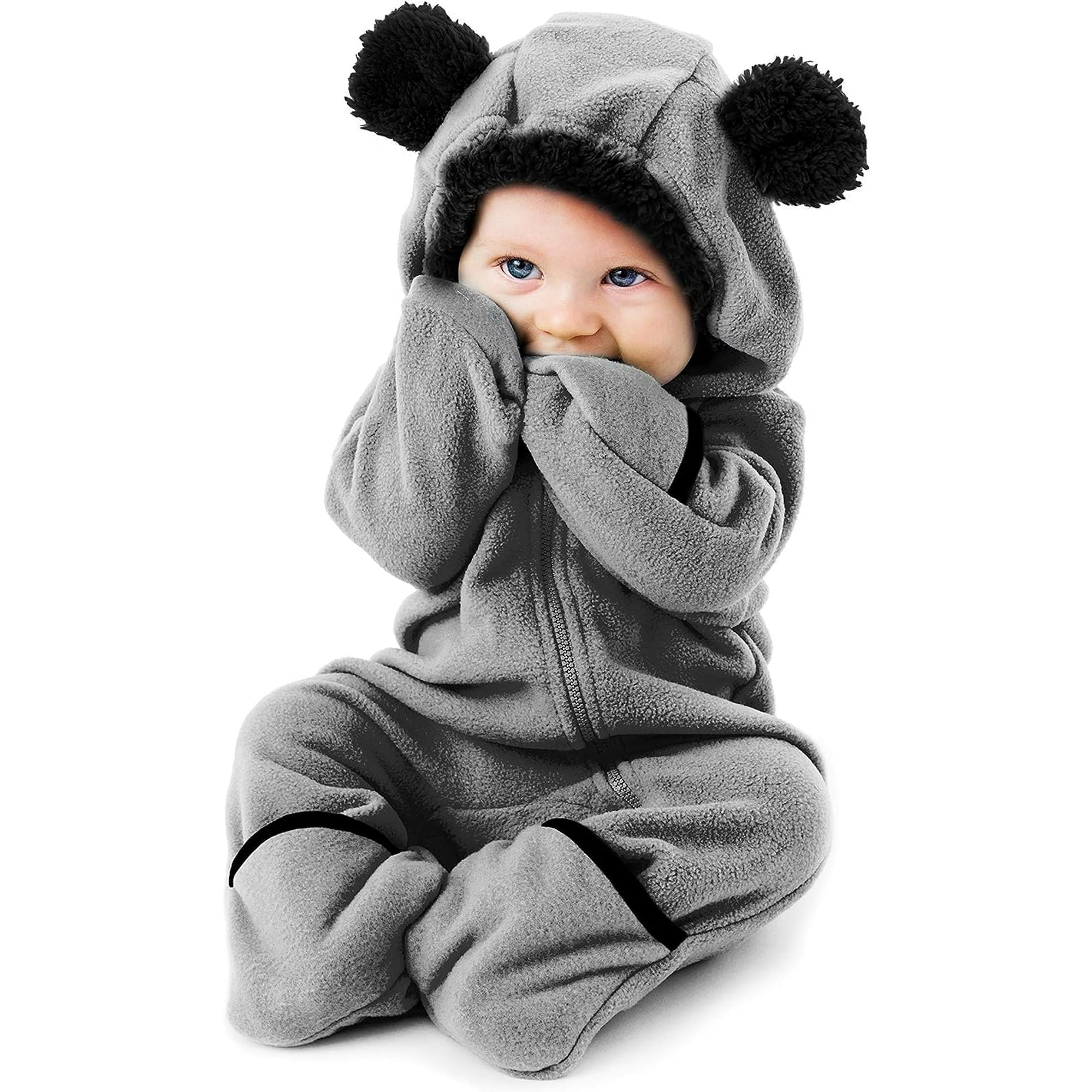 Cuddle Club One Piece Romper Hooded Fleece Onesie Jumper for Baby, Gray Bear 3-6 Mos - Walmart.com