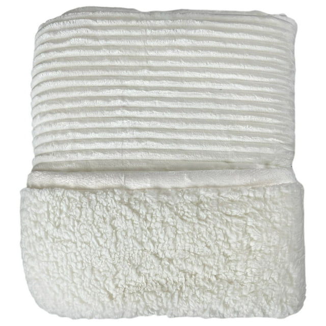Cuddle Duds Cozy Fuzzy Ivory Ribbed Microplush & Sherpa Fleece Plush Throw Blanket, 50x60 ...