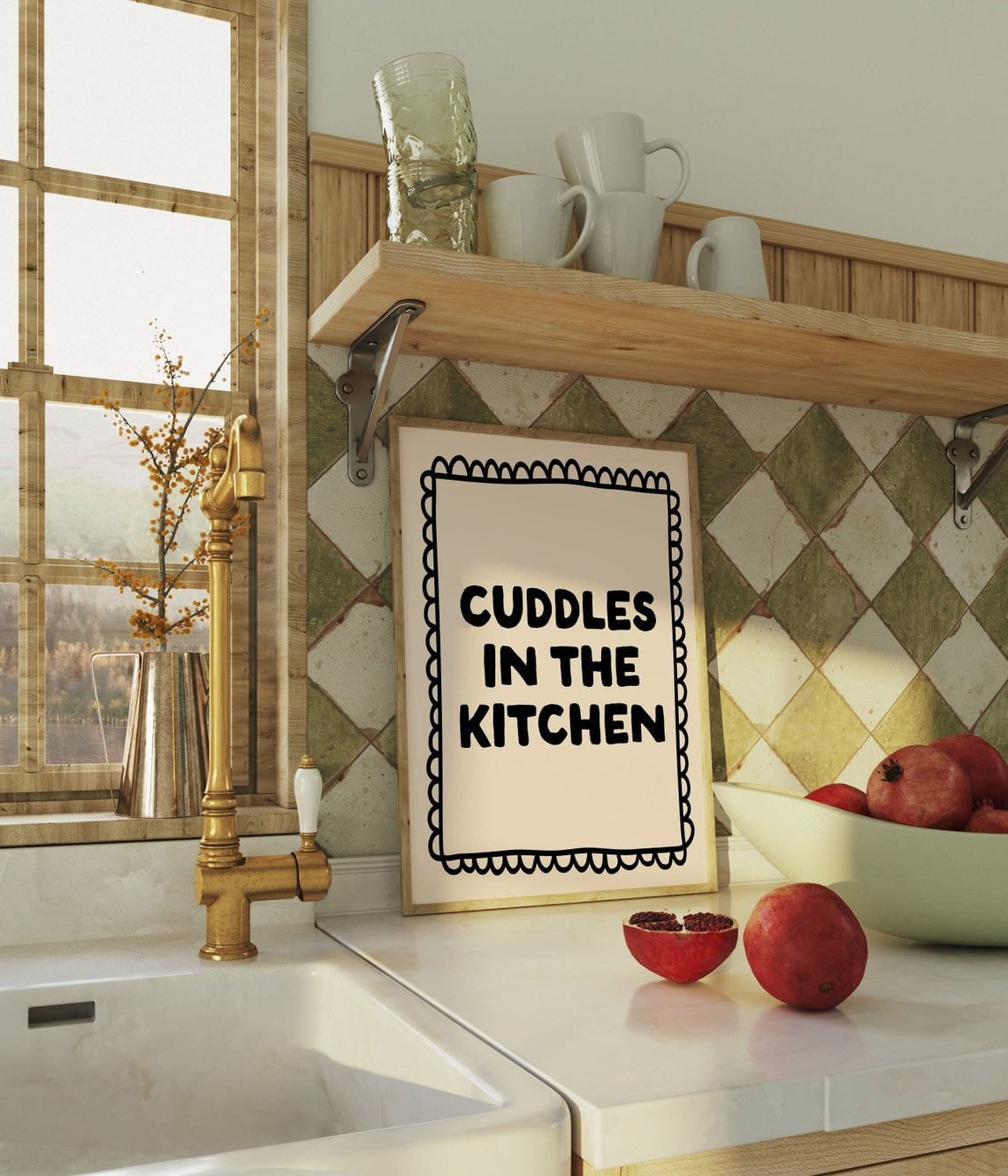 Cuddles In The Kitchen Art Poster, Retro Neutral Black Kitchen Poster ...