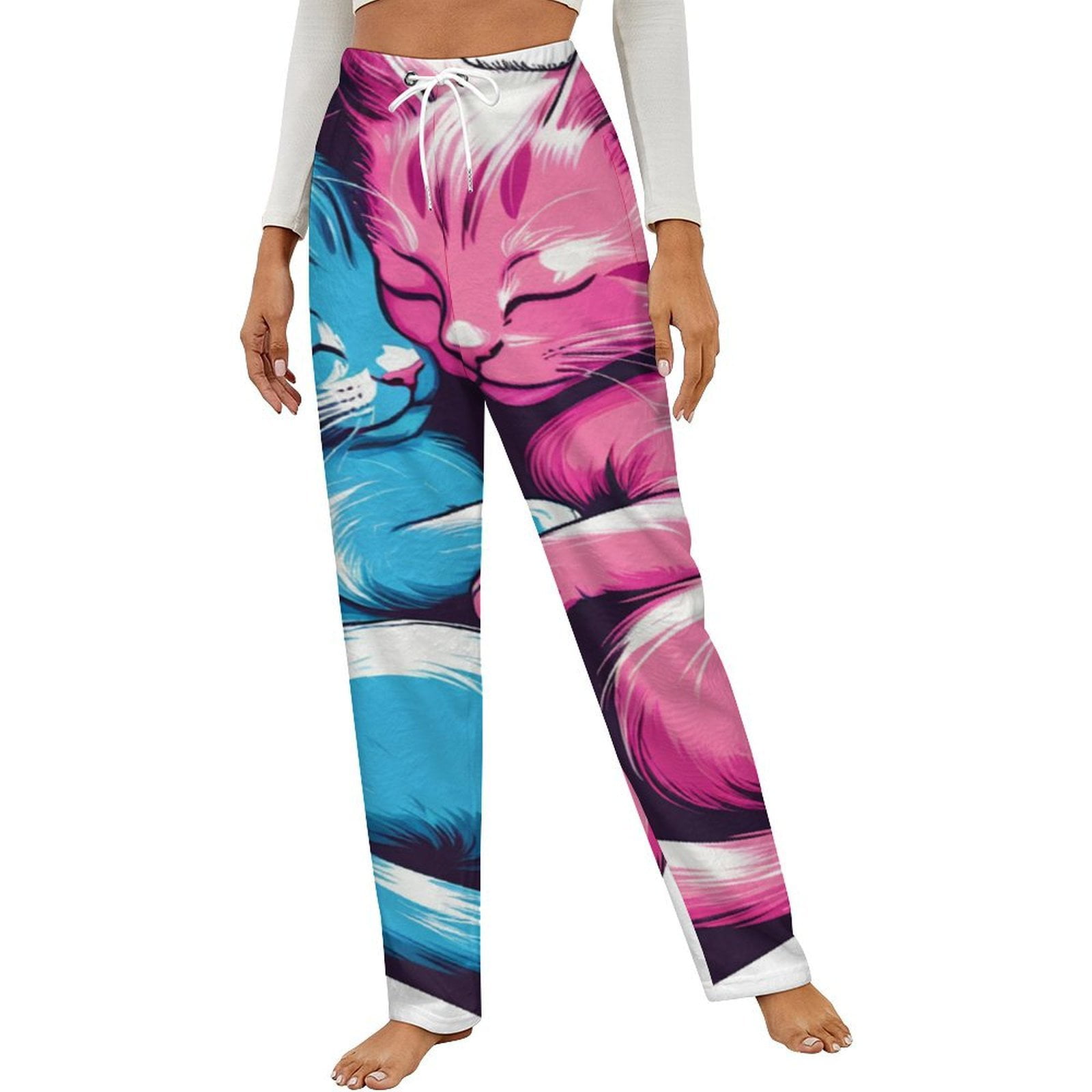 Cuddling Cats Art Print Winter Female Pants Flannel High Waist Women ...