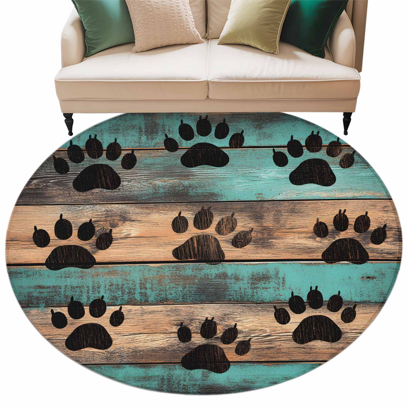 Cue Paw Round Area Rug 5ft Print Vintage Green Brown Mottled Wood Grain ...