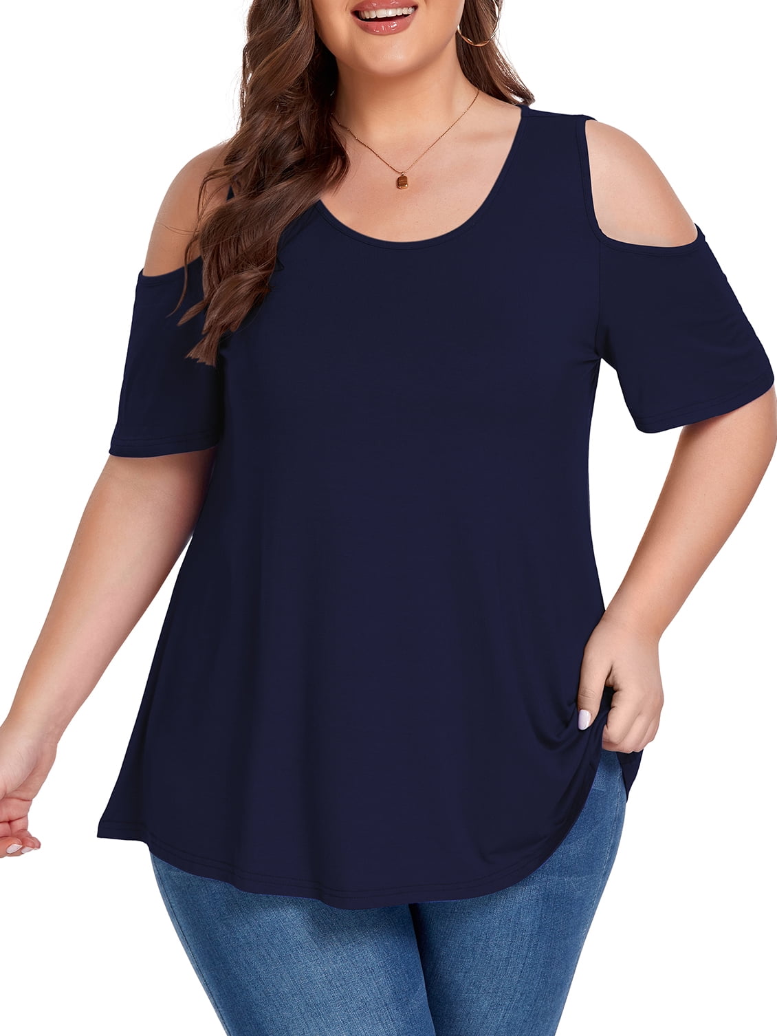 Cueply Plus Size Summer Cold Shoulder Tops, Short Sleeve Crewneck Tunic ...