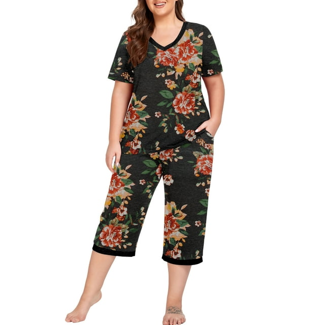 Cueply Women's Plus Size Short Sleeve V-Neck Pajamas Set with Pockets, Capri Sleepwear ...