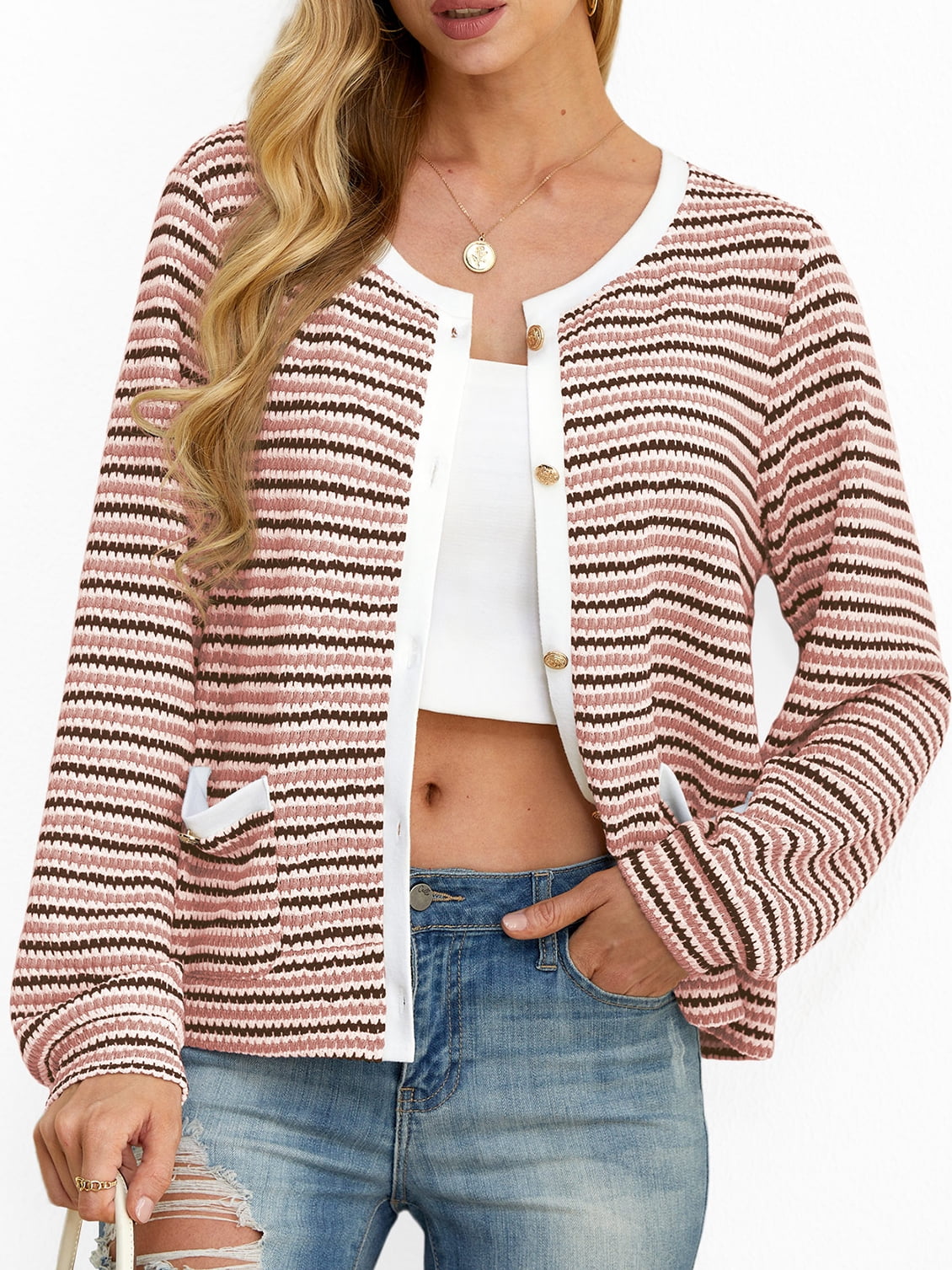 Cueply Women's Cardigan Sweater Long Sleeve Striped Button Knit Jackets ...