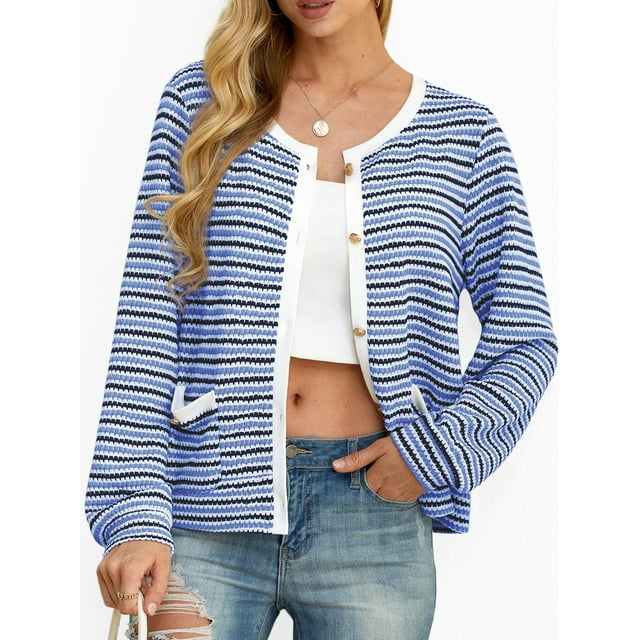 Cueply Women's Cardigan Sweater Long Sleeve Striped Button Knit Jackets ...