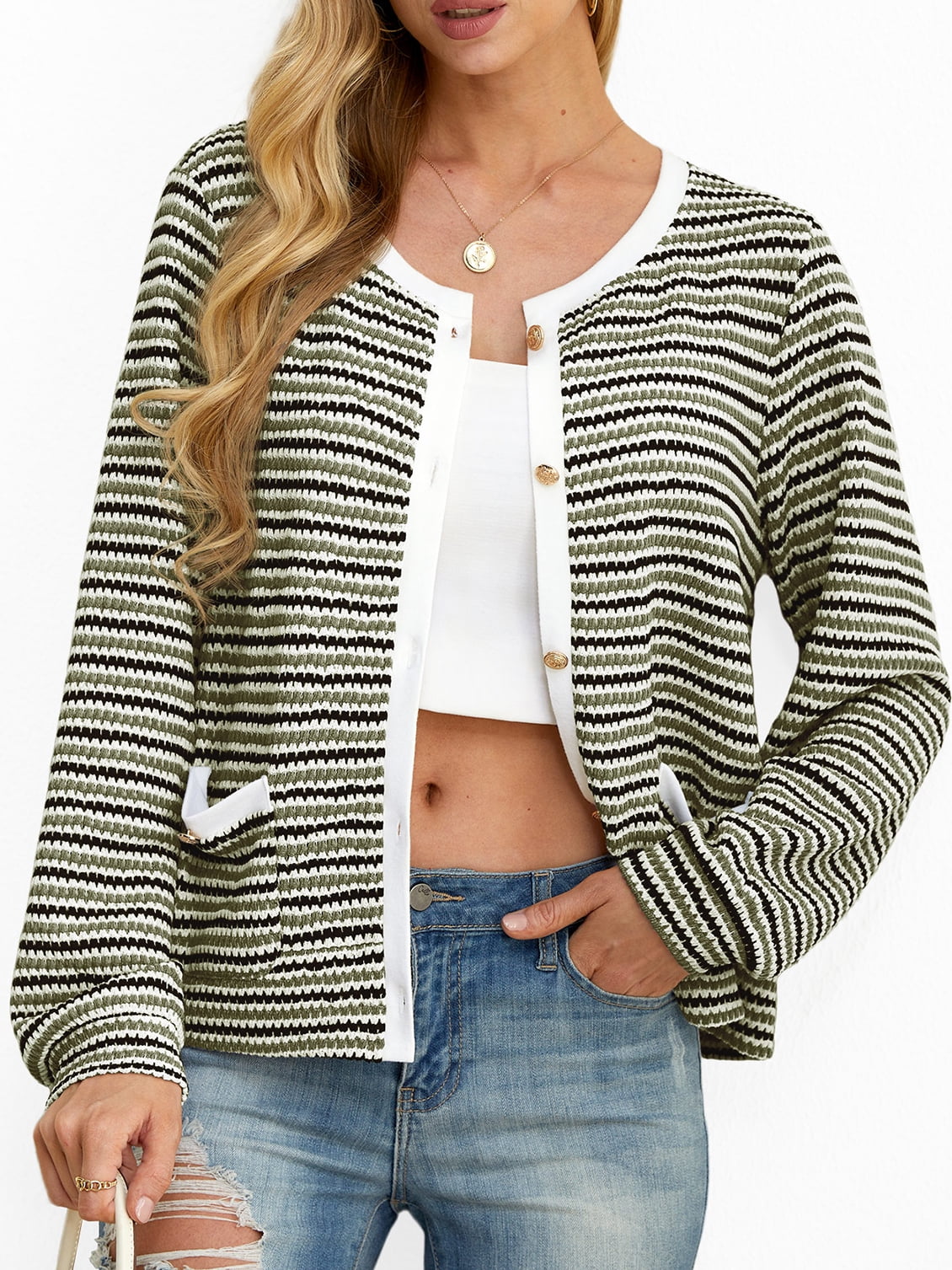 Cueply Women's Cardigan Sweater Long Sleeve Striped Button Knit Jackets Coats Outwear with ...