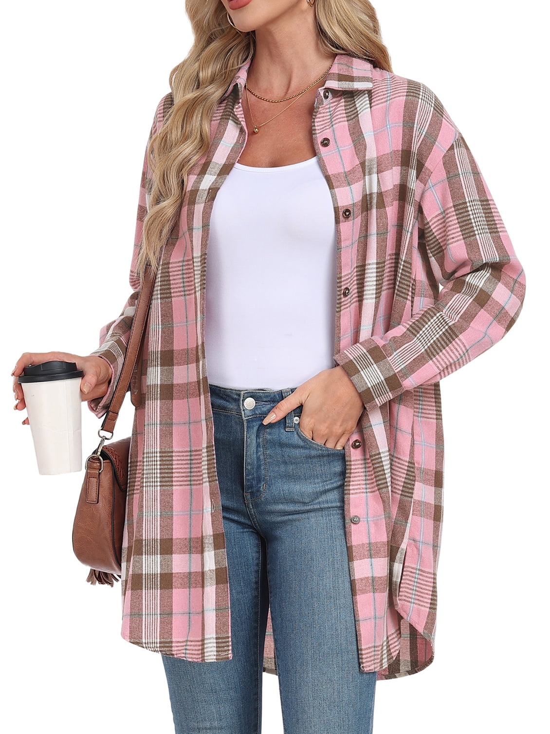 Cueply Women's Flannel Plaid Shirts Shacket Long Sleeve Button Down ...