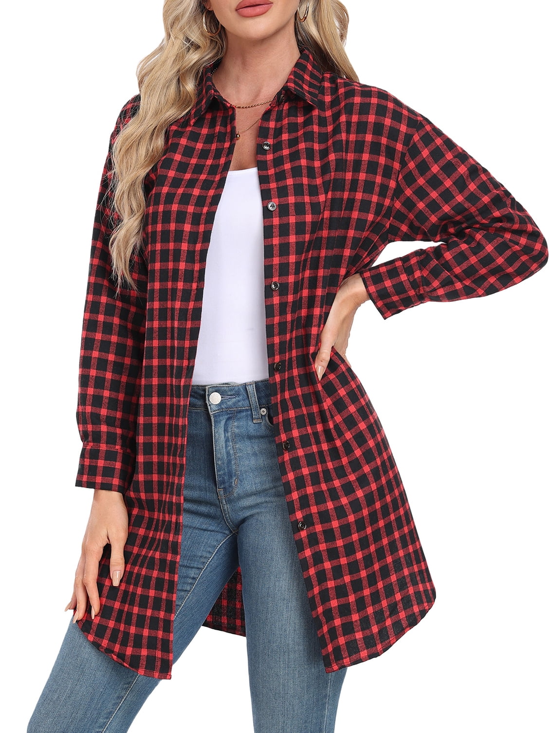 Cueply Women's Flannel Plaid Shirts Shacket Long Sleeve Button Down ...