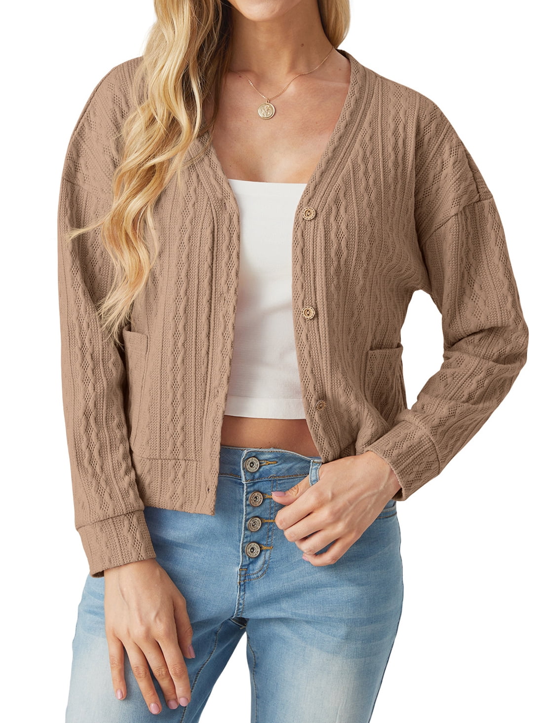 Cueply Women's Long Sleeve Cropped Lightweight Cardigan V Neck Button ...