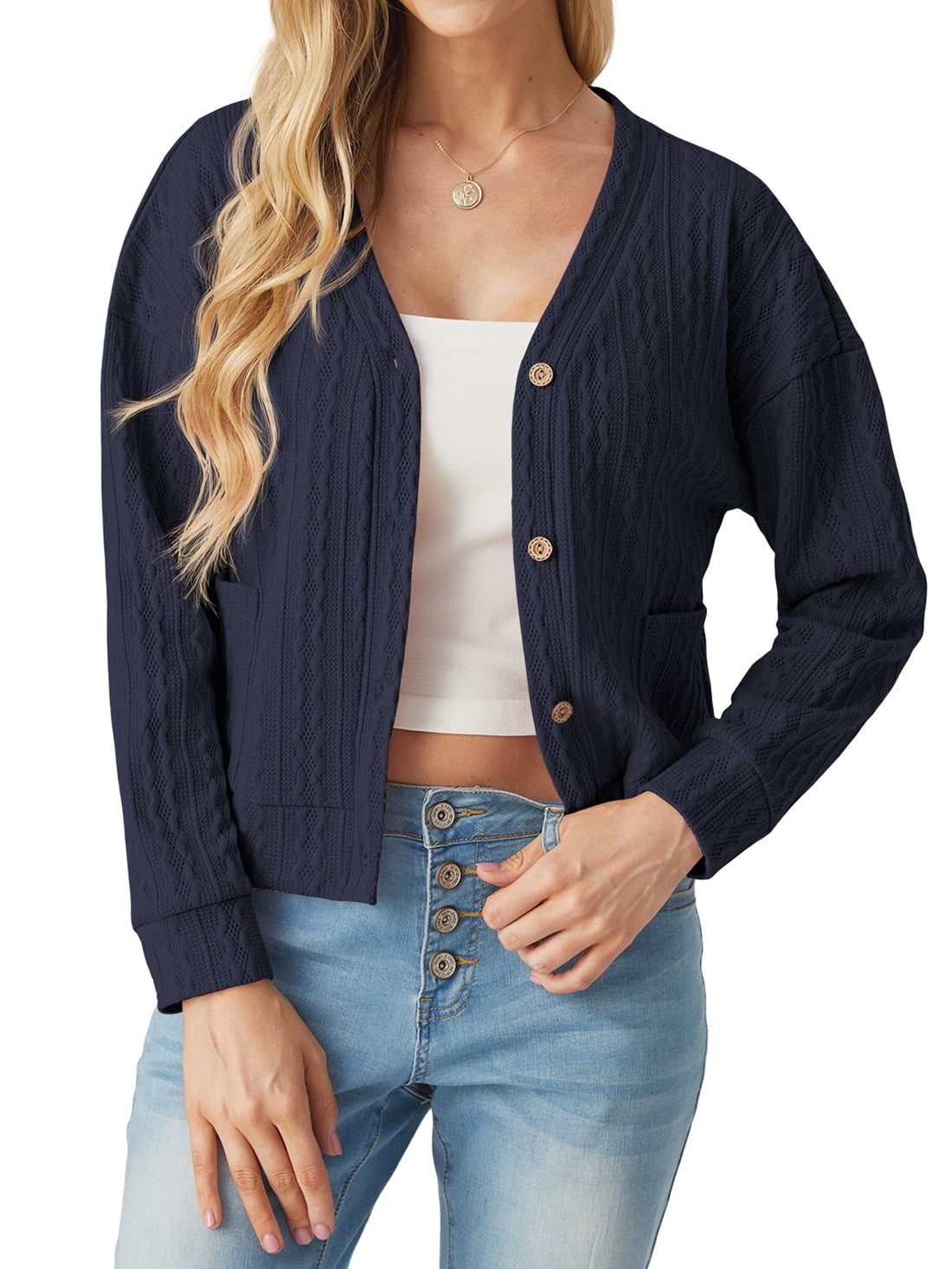 Cueply Women's Long Sleeve Cropped Lightweight Cardigan V Neck Button ...