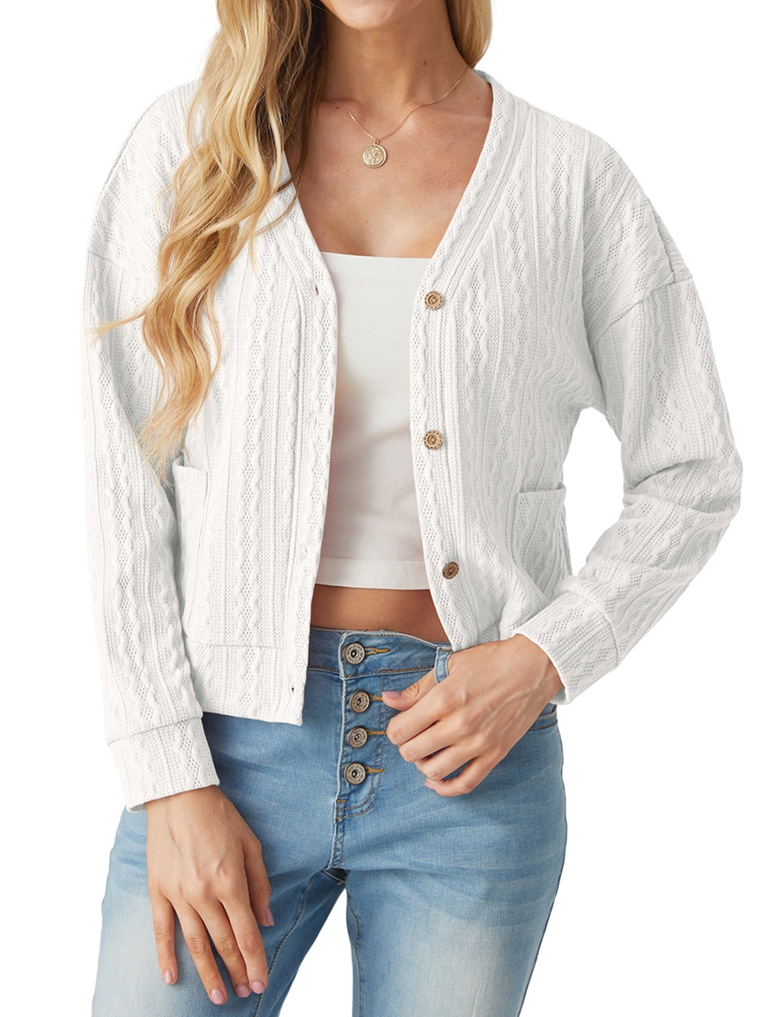 Cueply Women's Long Sleeve Cropped Cardigan V Neck Button Sweaters With ...