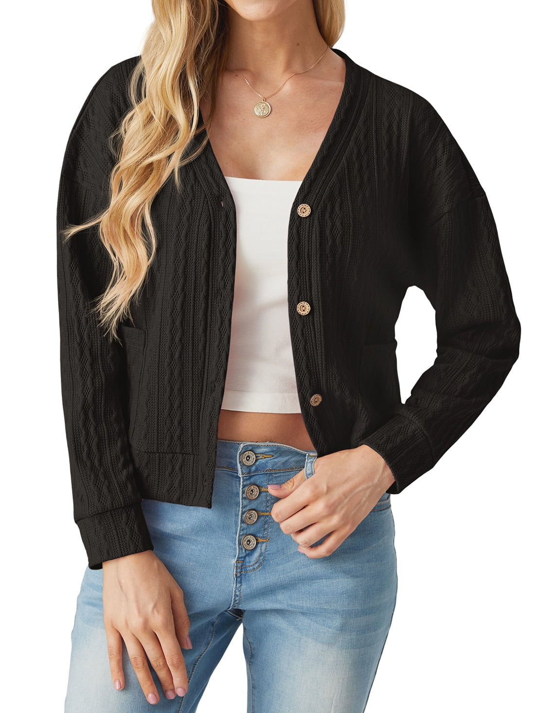 Cueply Women's Long Sleeve Cropped Lightweight Cardigan V Neck Button ...