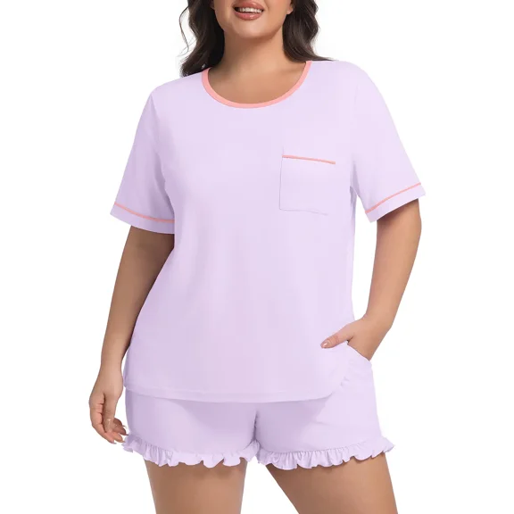 FEREMO Women Plus Size Pajamas Set Sleepwea Short Sleeve Pjs Floral ...
