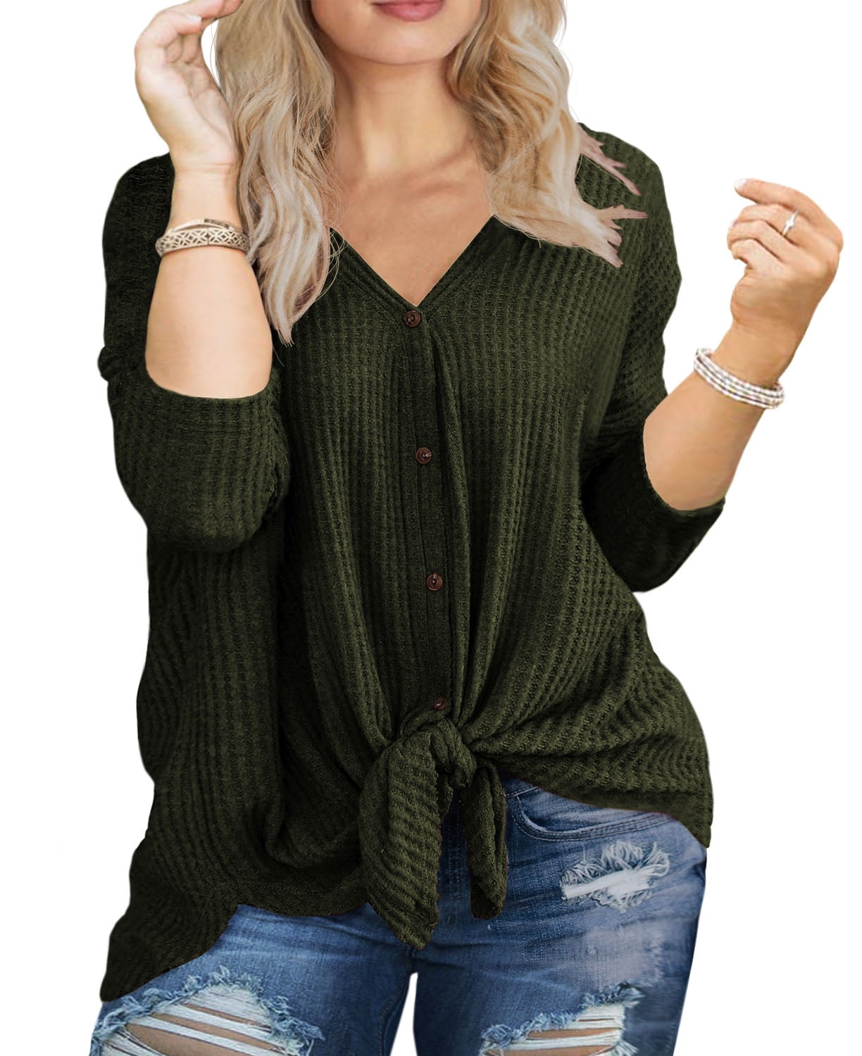 Cueply Women's Plus Size Tops, Long Sleeve Waffle Knit Shirts, V Neck ...