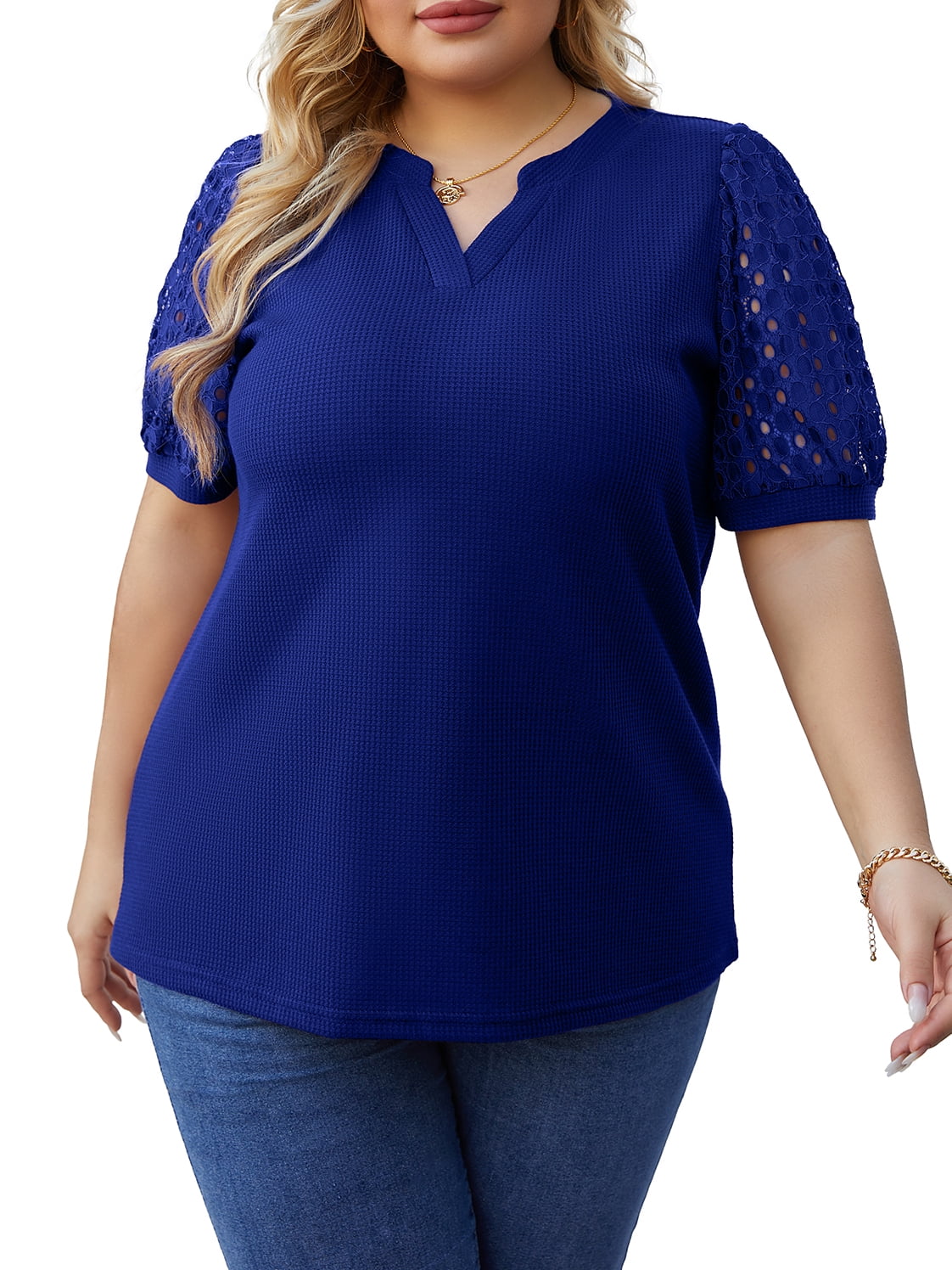 Cueply Plus Size Women's Short Sleeve Lace Tops, Waffle Knit Summer ...