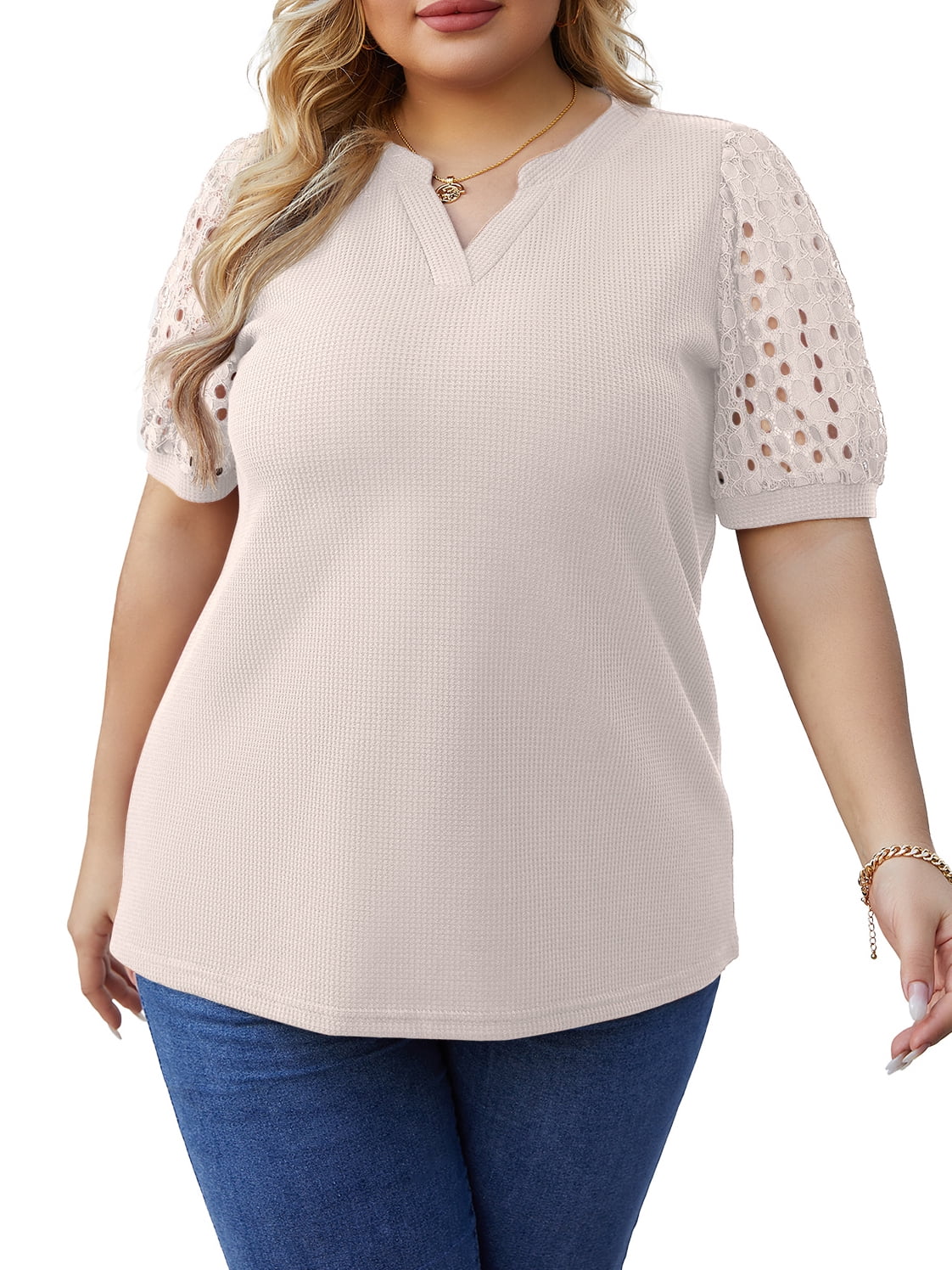Cueply Plus Size Women's Summer Dressy Casual Blouse, Waffle Knit Lace Short Sleeve V Neck ...