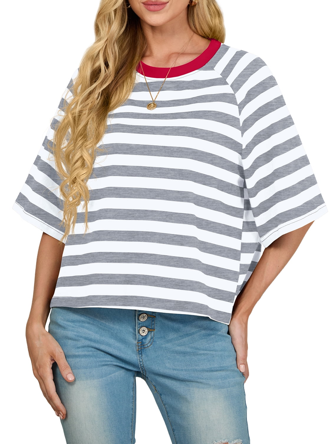 Cueply Tops for Women Summer Short Sleeve T Shirts Striped Design ...