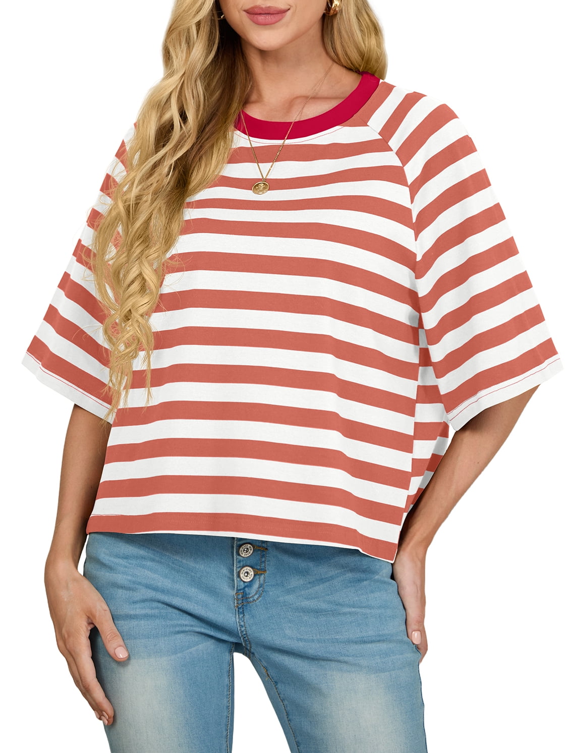 Cueply Tops for Women Summer Short Sleeve T Shirts Striped Design ...