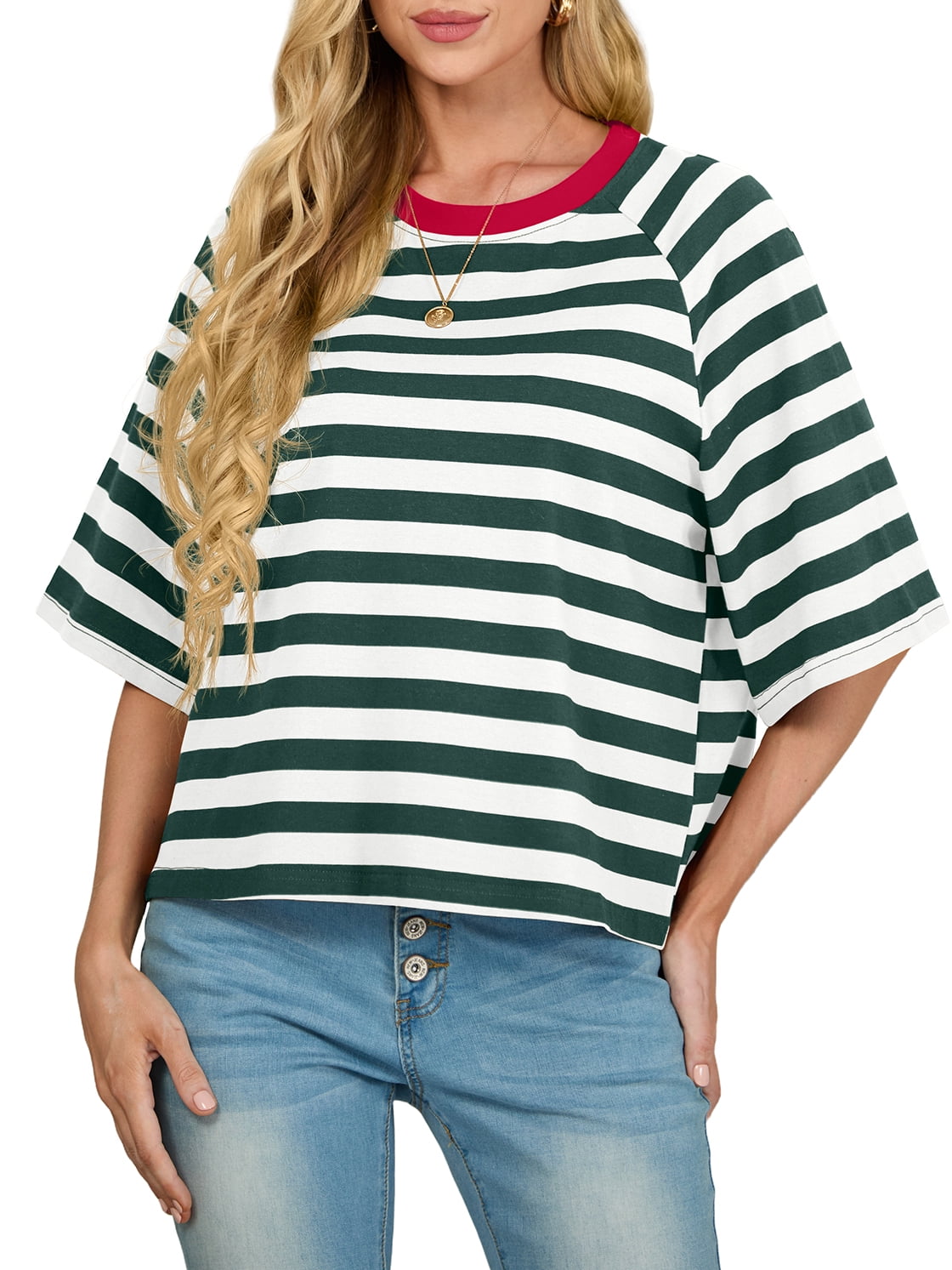 Cueply Tops for Women Summer Short Sleeve T Shirts Striped Design ...