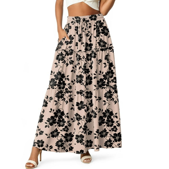 Cueply Womens Flowy Long Maxi Skirt Pleated Elastic High Waist ...