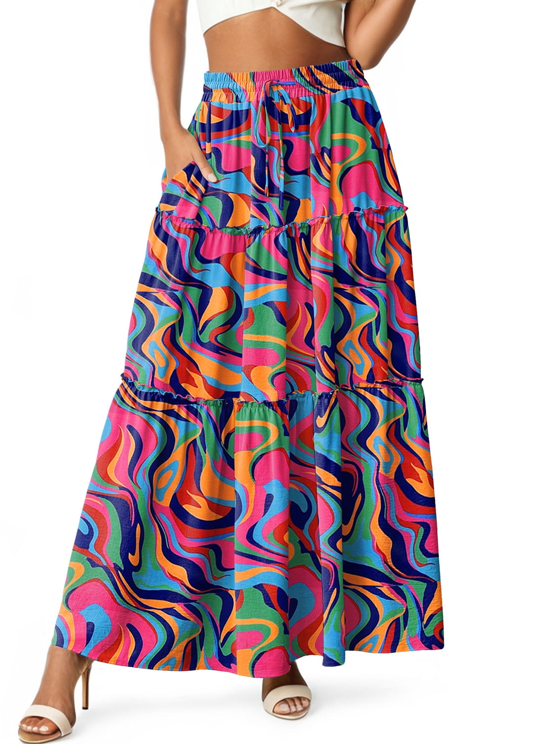 Cueply Womens Flowy Long Maxi Skirt Pleated Elastic High Waist ...