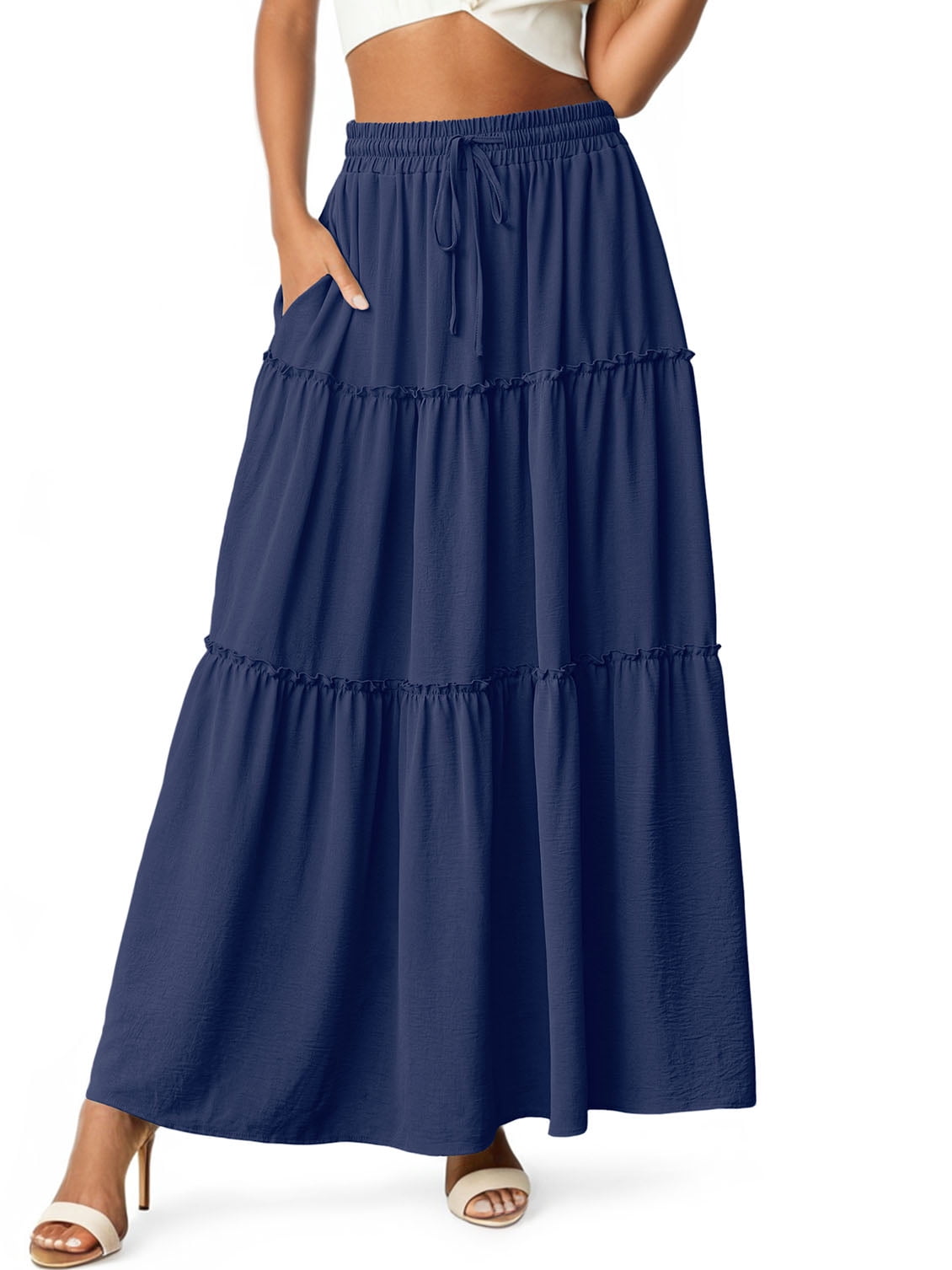 Cueply Women's Flowy Long Maxi Skirt Pleated Elastic High Waist Drawstring Tiered Skirts with ...