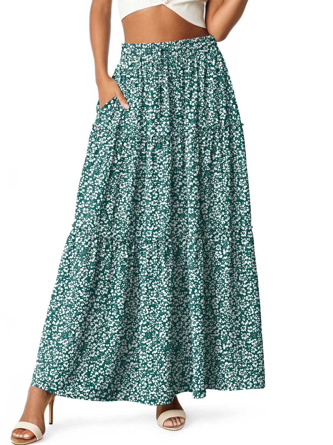 Cueply Womens Flowy Long Maxi Skirt Pleated Elastic High Waist ...