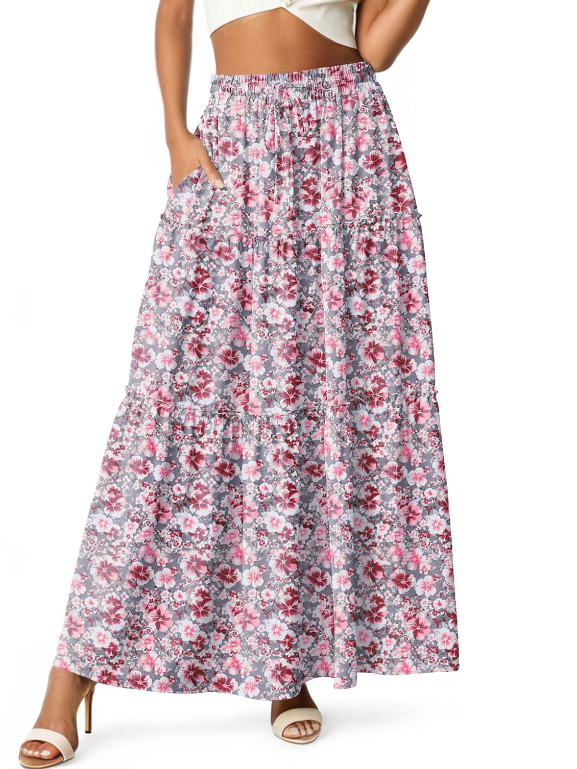 Cueply Womens Flowy Long Maxi Skirt Pleated Elastic High Waist ...