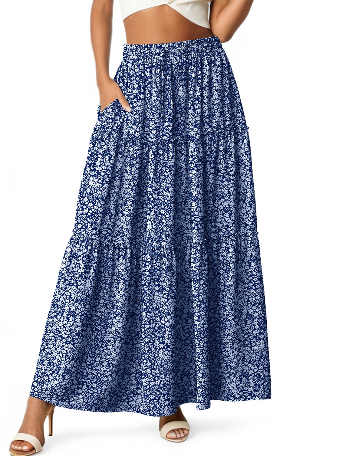 Cueply Womens Flowy Long Maxi Skirt, Pleated Elastic High Waist, Tiered ...