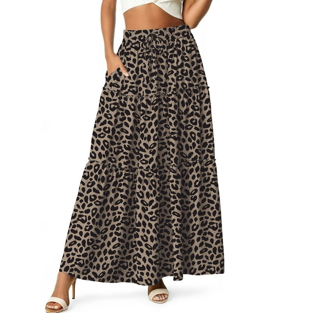 Cueply Womens Flowy Long Maxi Skirt Pleated Elastic High Waist Drawstring Tiered Skirts With