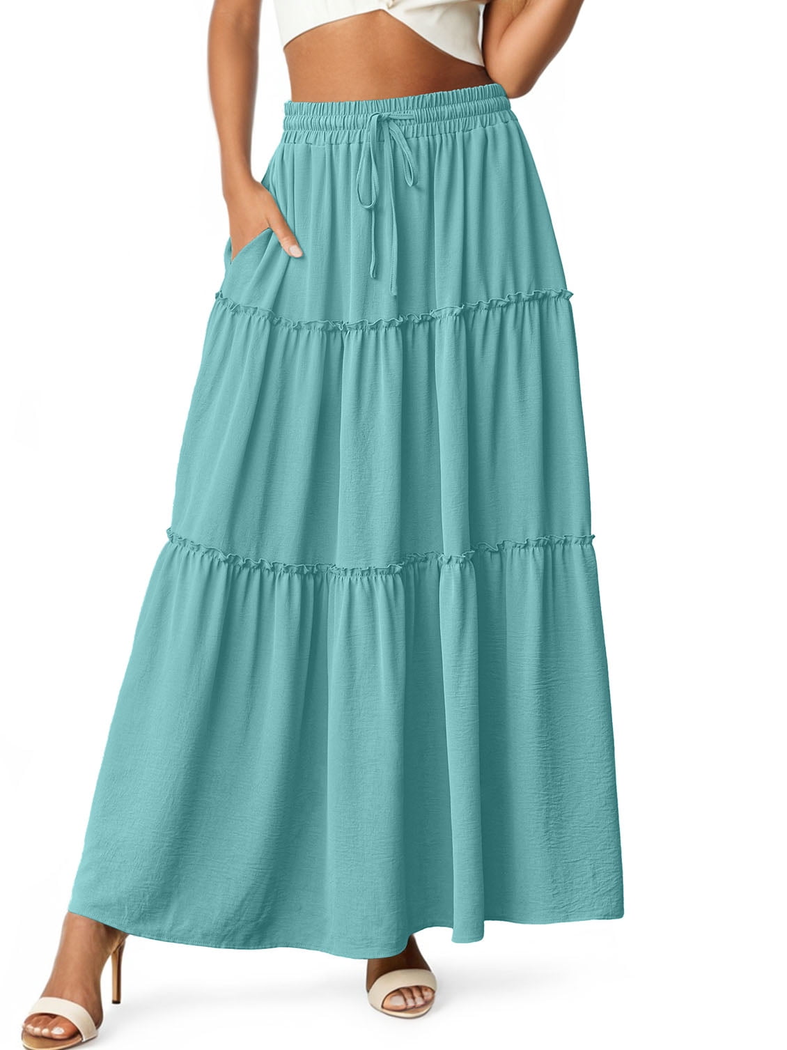 Cueply Women's Flowy Long Maxi Skirt Pleated Elastic High Waist ...
