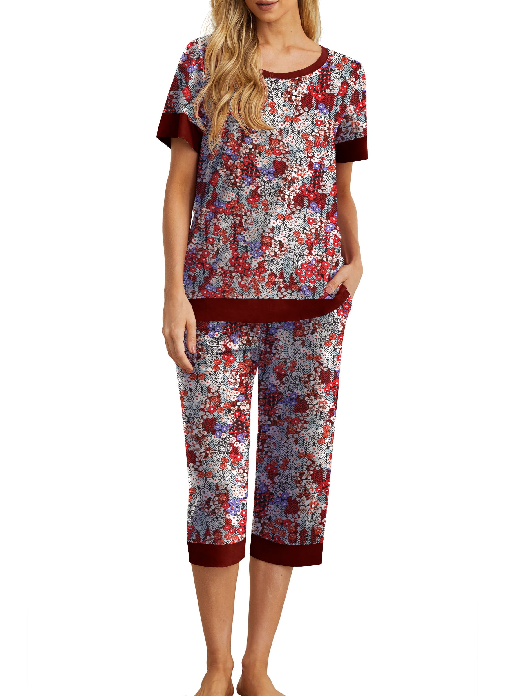 Cueply Womens Pajamas Sets Short Sleeve Sleepwear Top Capri Pants ...