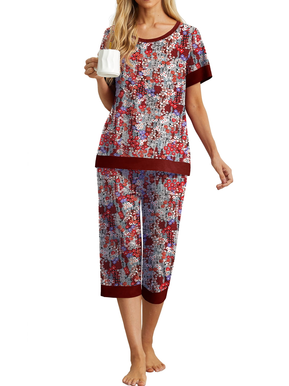 Cueply Womens Pajamas Sets Short Sleeve Sleepwear Top Capri Pants ...
