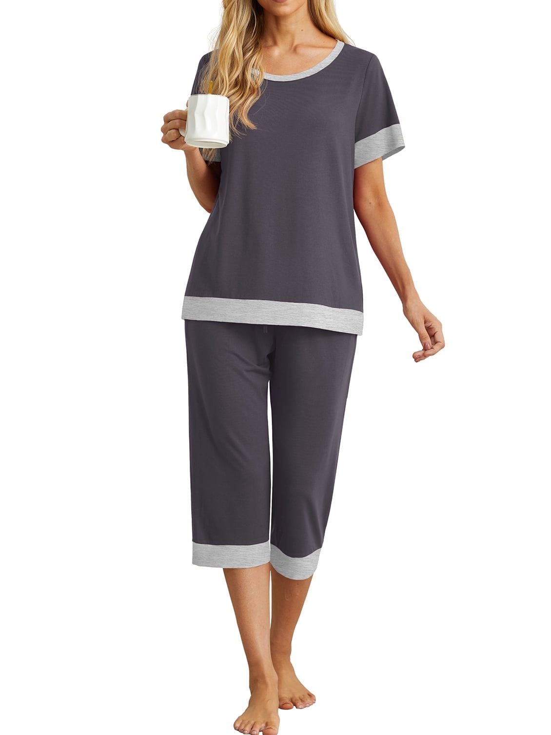 Cueply Womens Pajamas Sets Short Sleeve Sleepwear Top Capri Pants ...