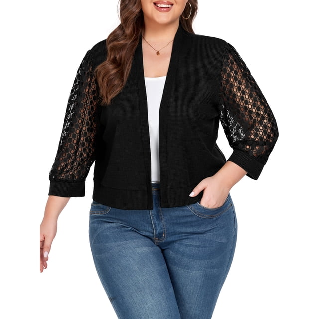 Cueply Summer Women's Plus Size 3/4 Lace Sleeve Open Front Cropped ...