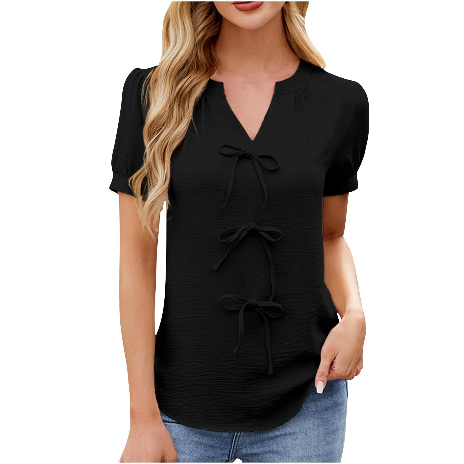 Cuffed Short Sleeve Tunic Tops for Women V Neck Bow Tie Dressy Solid ...
