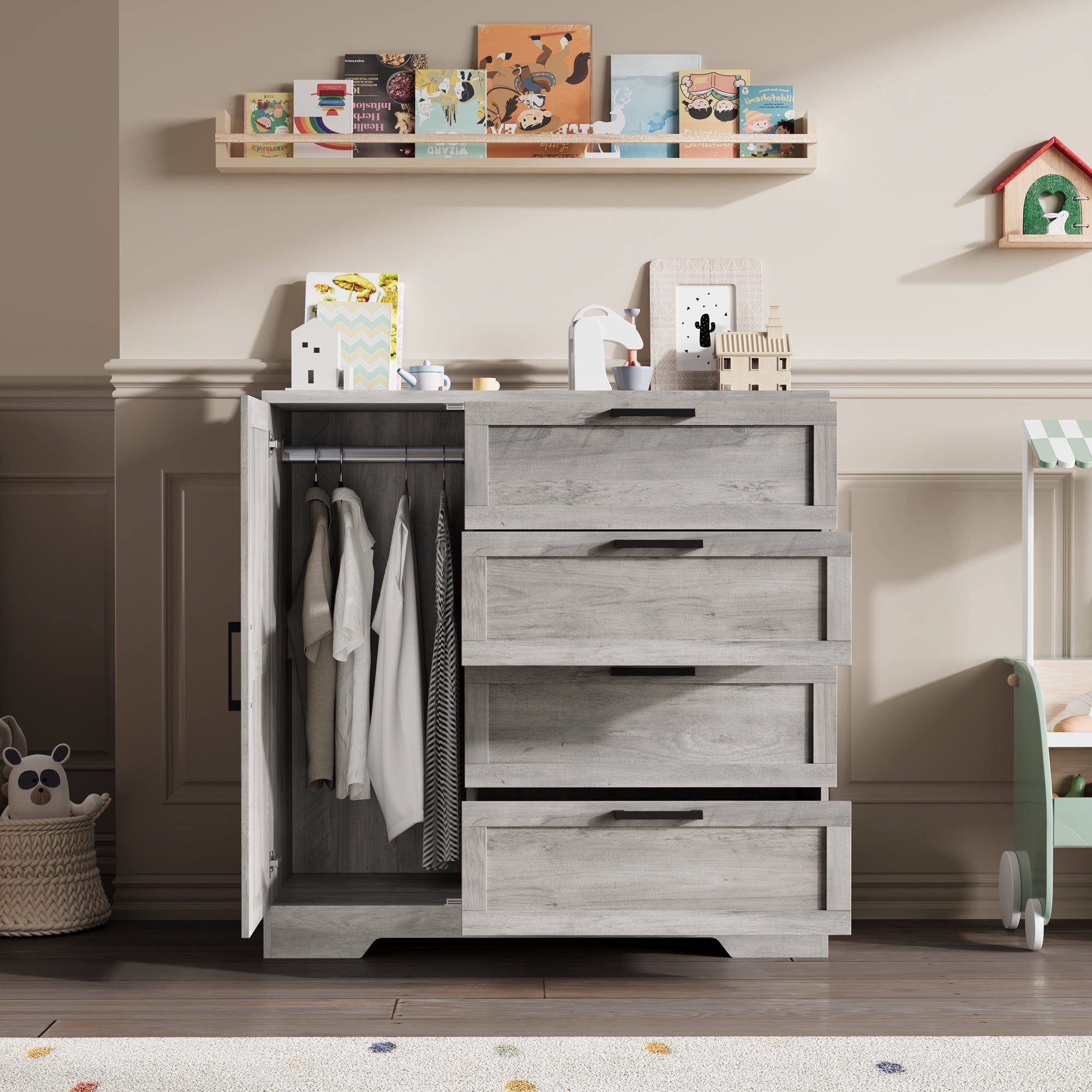 CuisinAid 4-Drawer Wood Dresser with Wardrobe Door & Hanging Rod,Tall ...