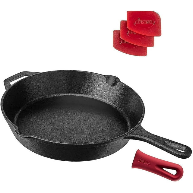 Cuisinel 12” Fry Deep Cast Iron Skillet with Silicone Handle Holder and Pan Scraper - Walmart.com