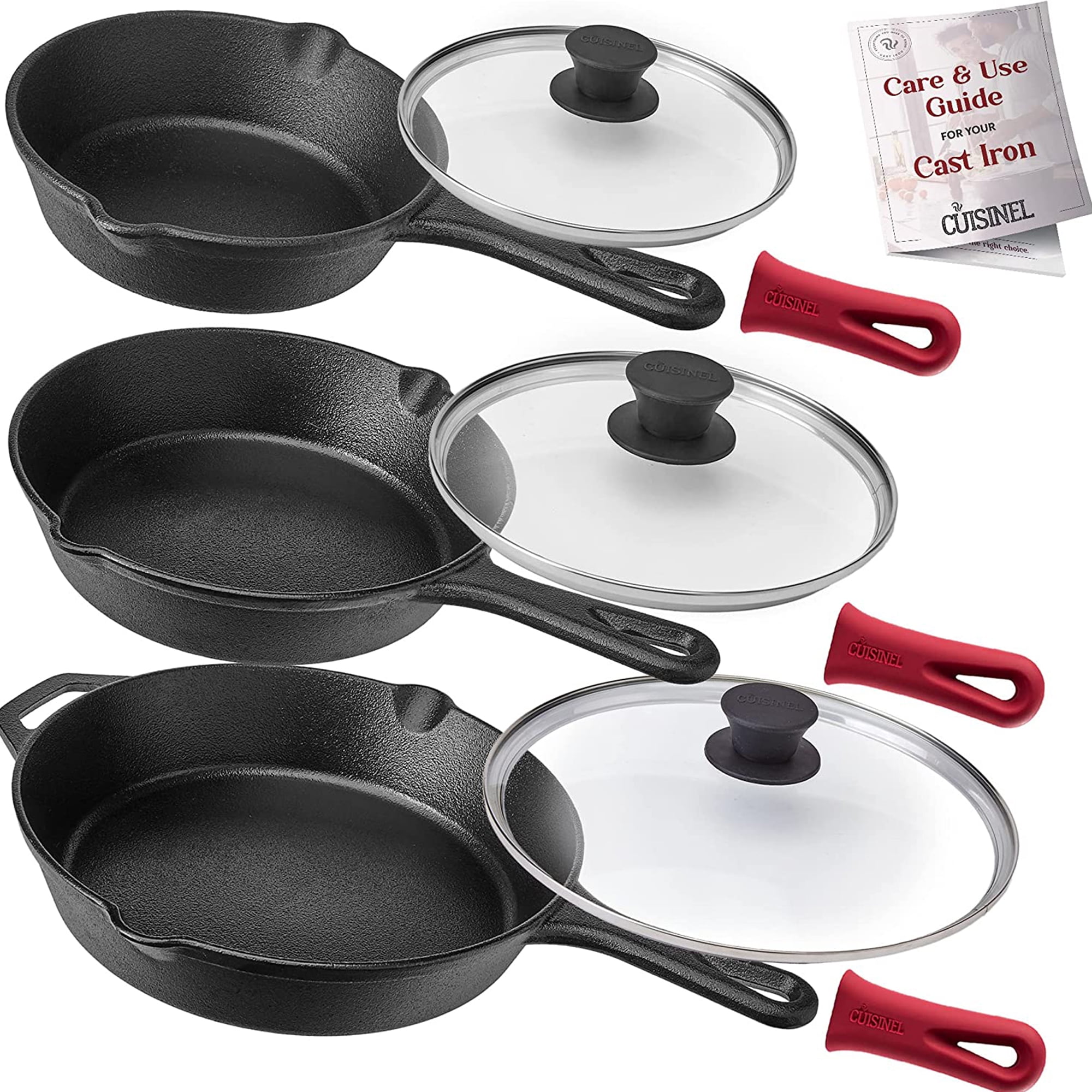 Cuisinel Cast Iron Skillet with Lid Set of 3 Kitchen Cookware Pre ...