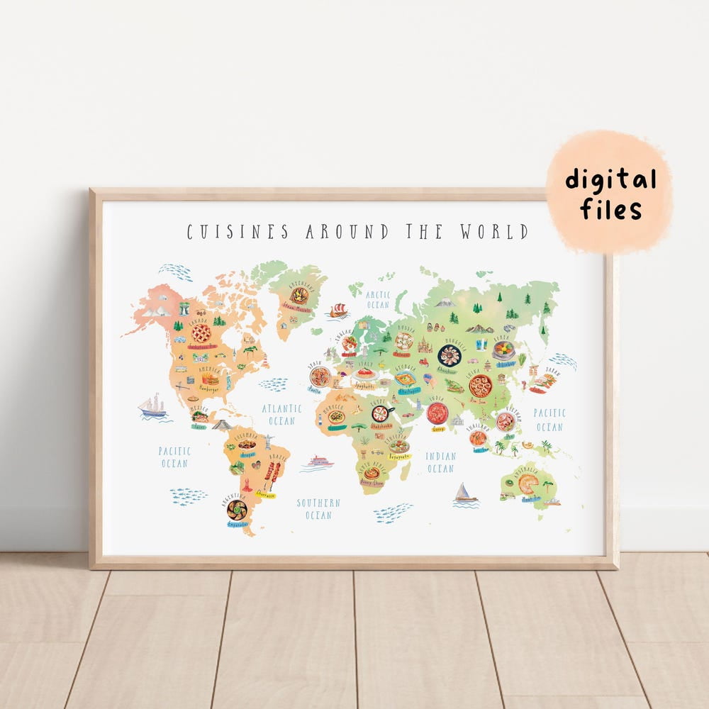 Cuisines Around The World Educational Map Rainbow Watercolor Food Lover ...