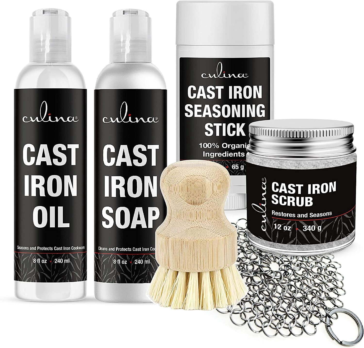Culina Cast Iron Soap & stick & Conditioning Oil & Stainless Scrubber ...