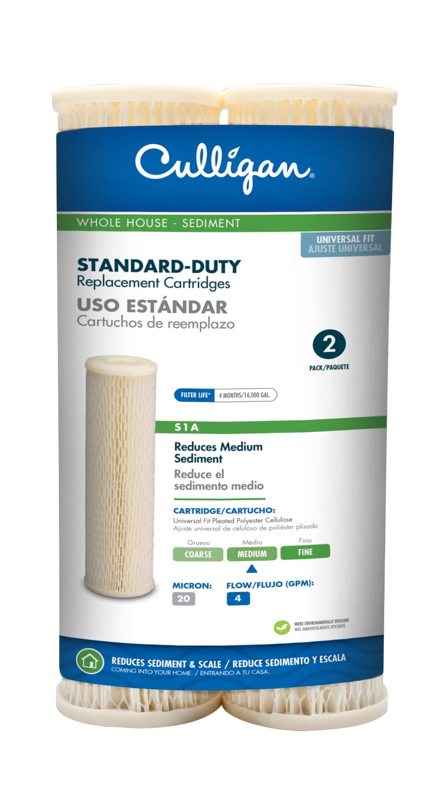 Culligan S1A Sediment Whole House Water Filter System Replacement Cartridge, 2 Pack –20-Micron ...