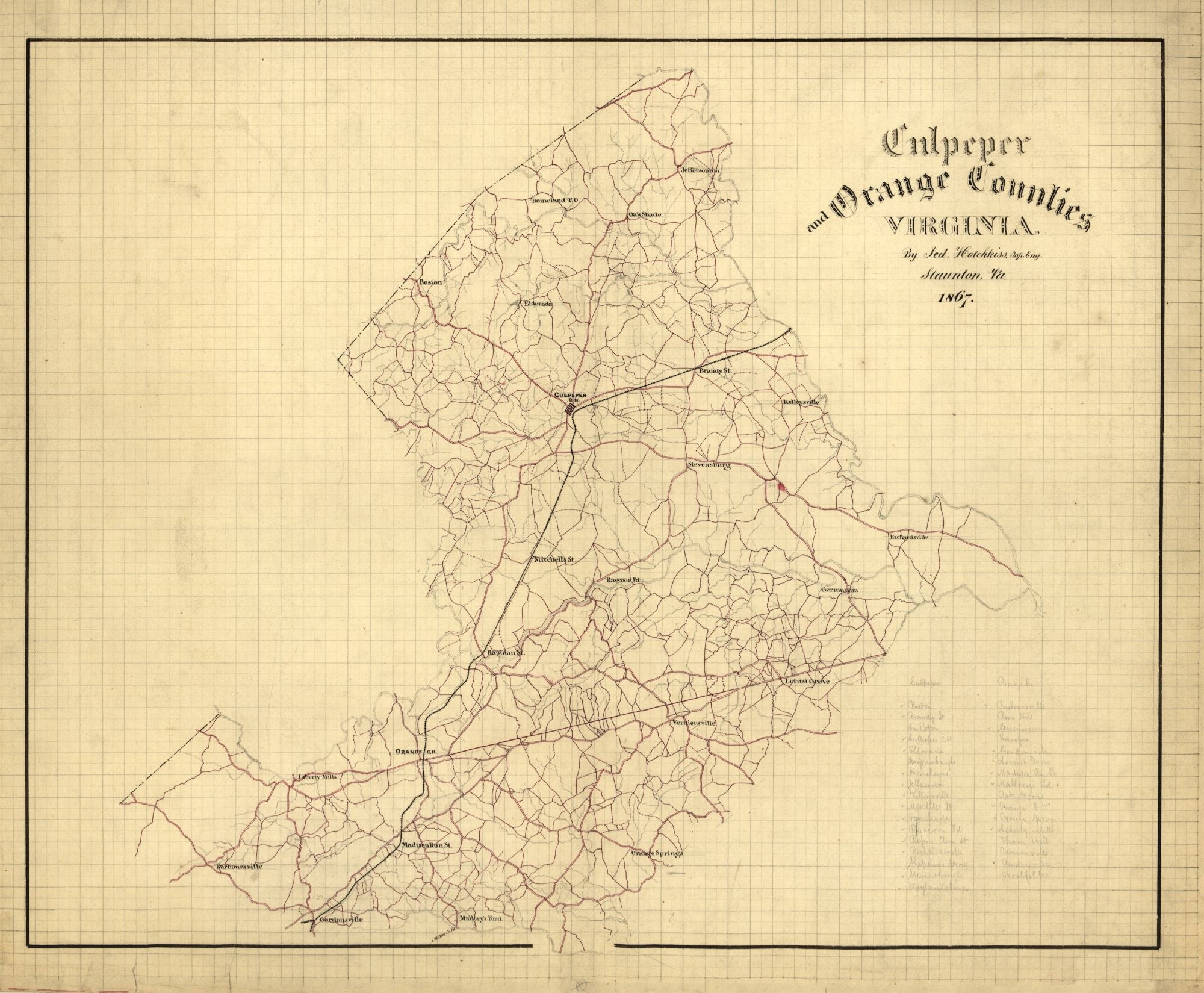 Historic County Map - Culpeper County Virginia - Hotchkiss 1867 - 27.90 ...